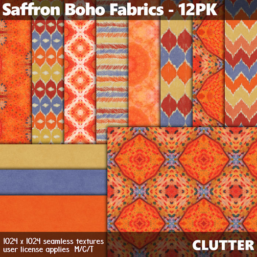 Second Life Marketplace - Clutter - Saffron Boho Fabrics - 12PK